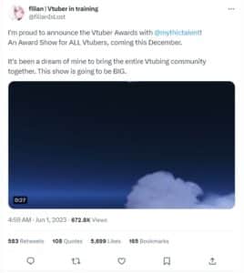 Filian announces VTuber awards on her official Twitter account
