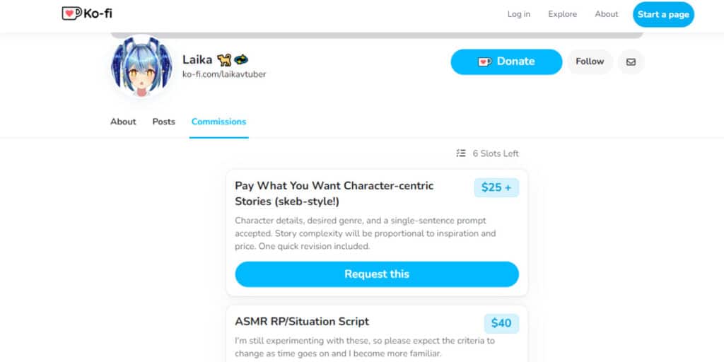 Laika does VTuber lore commissions on Ko-Fi